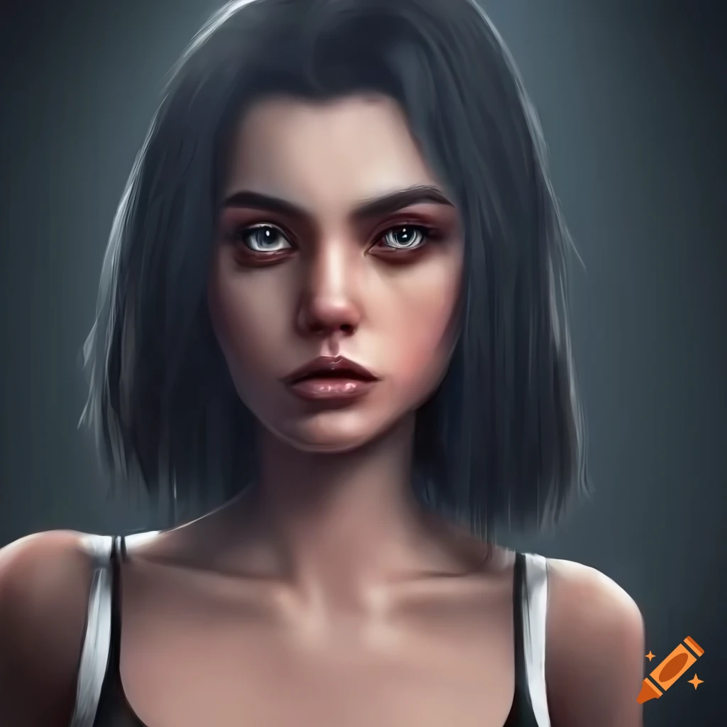 Digital art of a woman with black hair and intense gaze on Craiyon