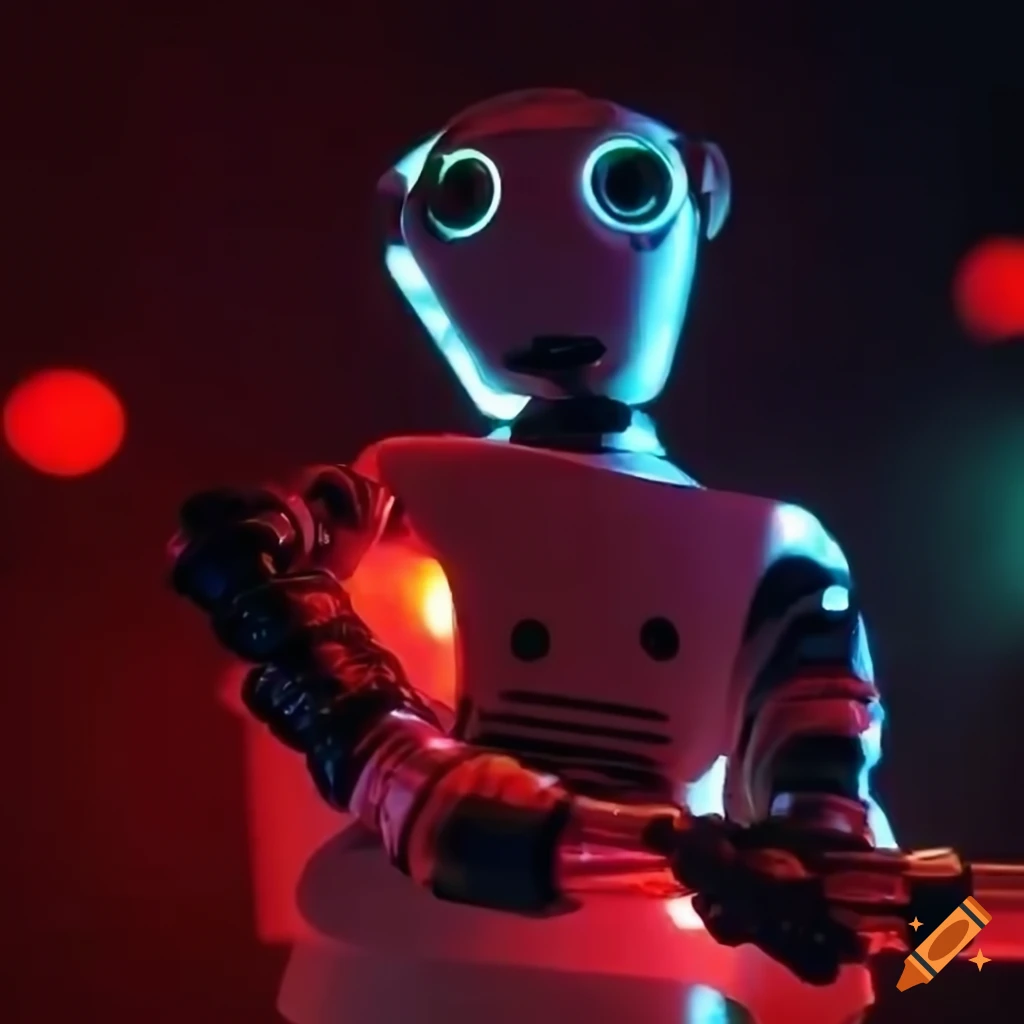 Colorful stage performance with dancing robot playing synth keyboard on ...