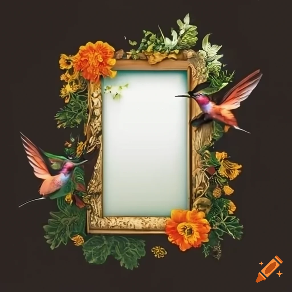 Artistic picture frame with cempasuchil flowers and hummingbirds on Craiyon