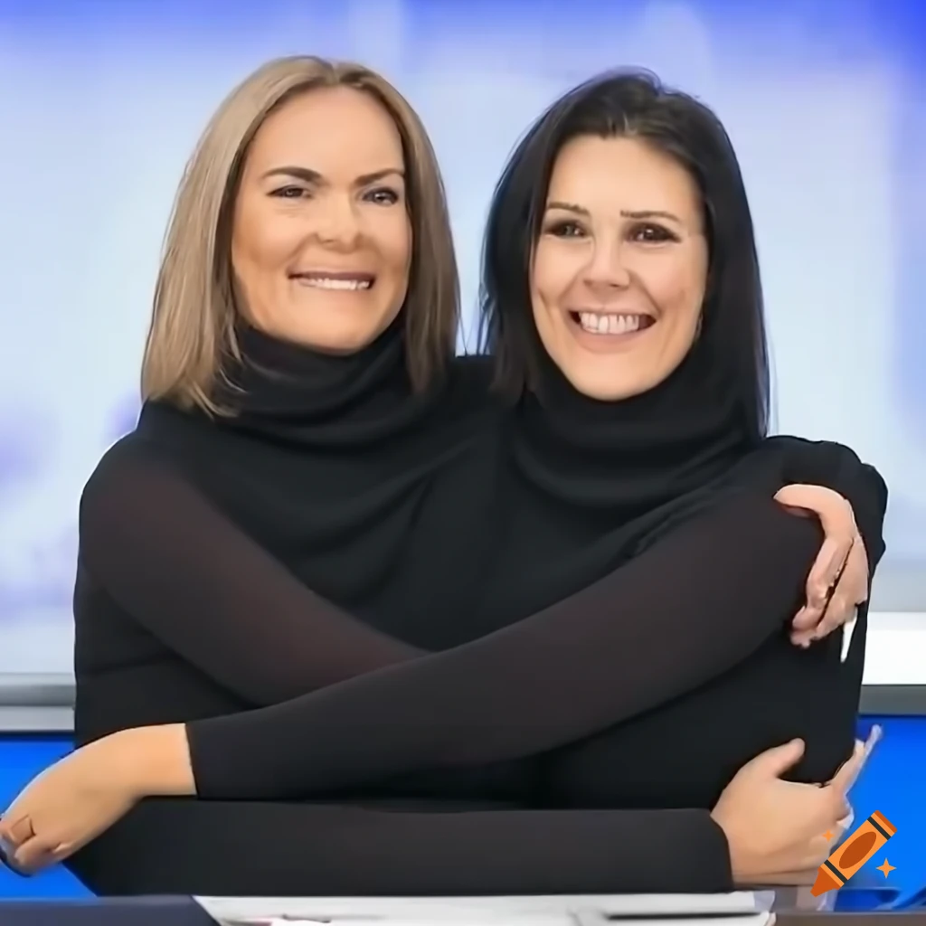 Two women on morning news show sitting together and hugging on Craiyon
