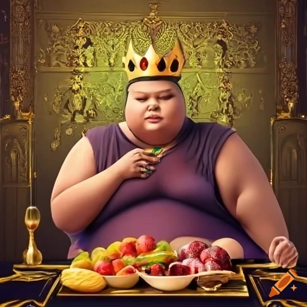 Luxurious room with a king surrounded by gold and a lady on Craiyon