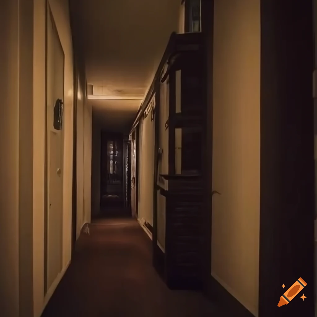Nighttime corridor in a residential building with furniture on Craiyon