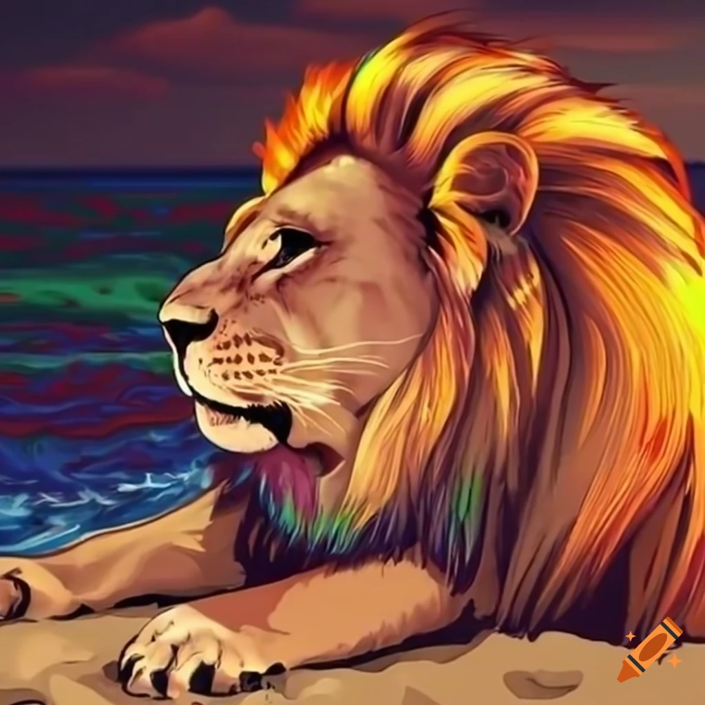 Colorful lion smoking on a beach on Craiyon