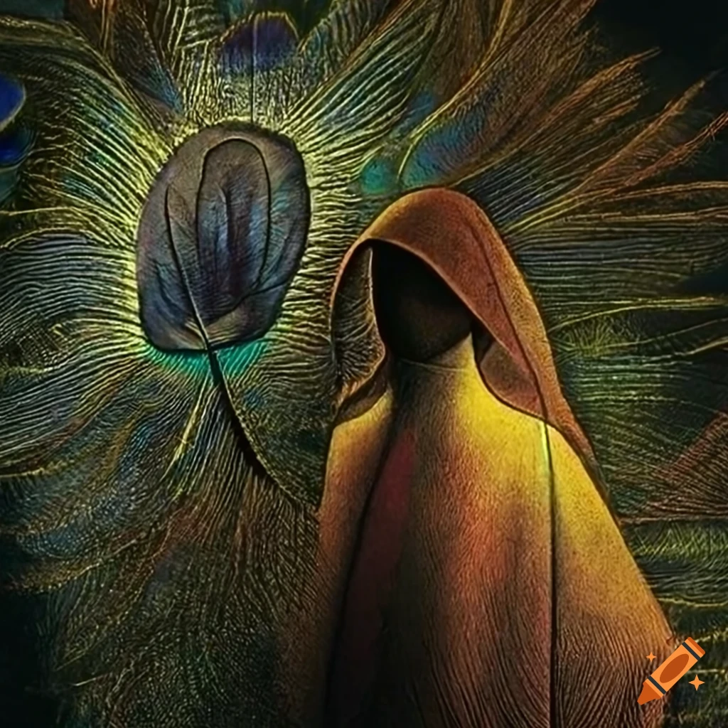 Illustration of a raven in a colorful feathered cloak walking in a ...