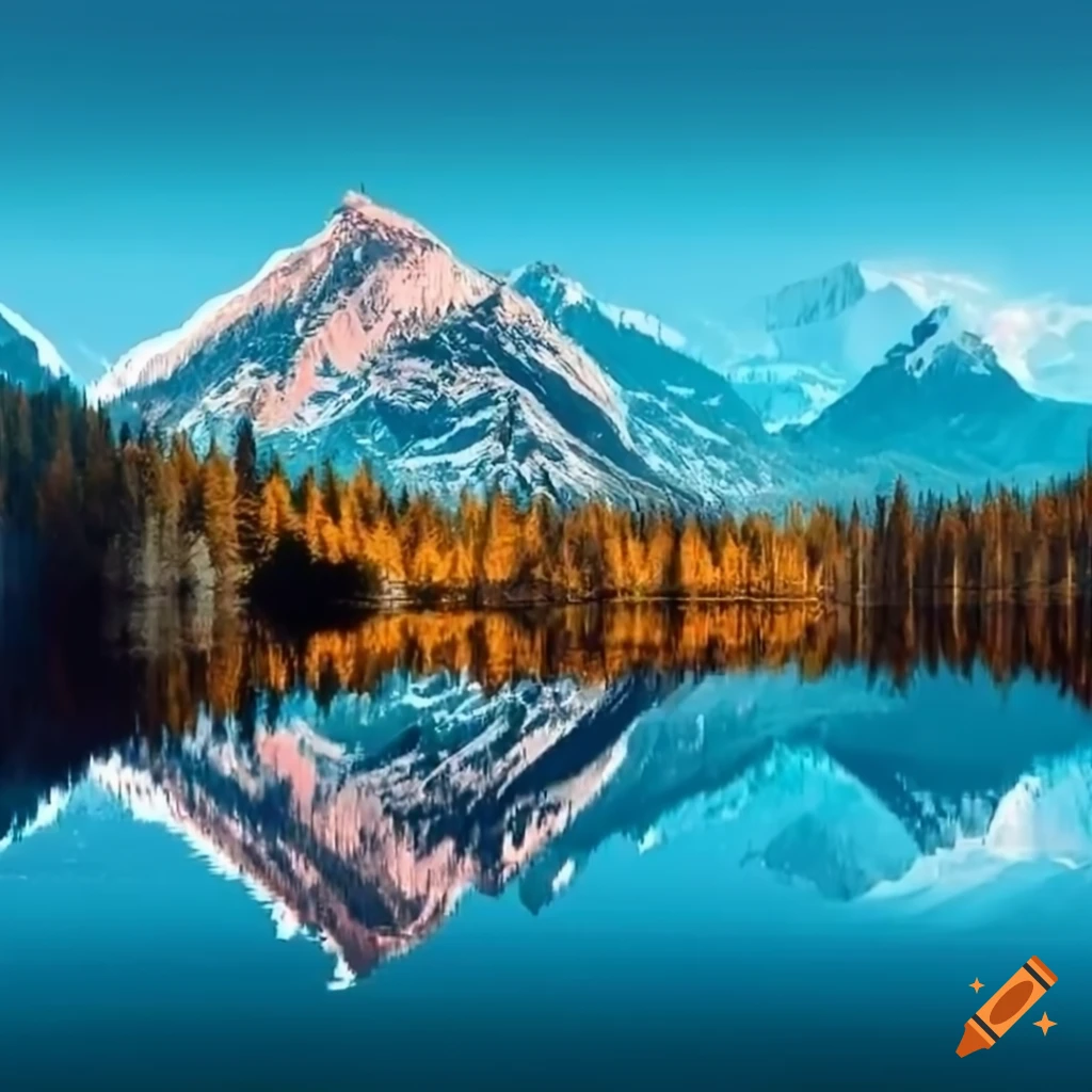 Turquoise-blue lake surrounded by autumn-colored trees and snow-capped mountains on Craiyon