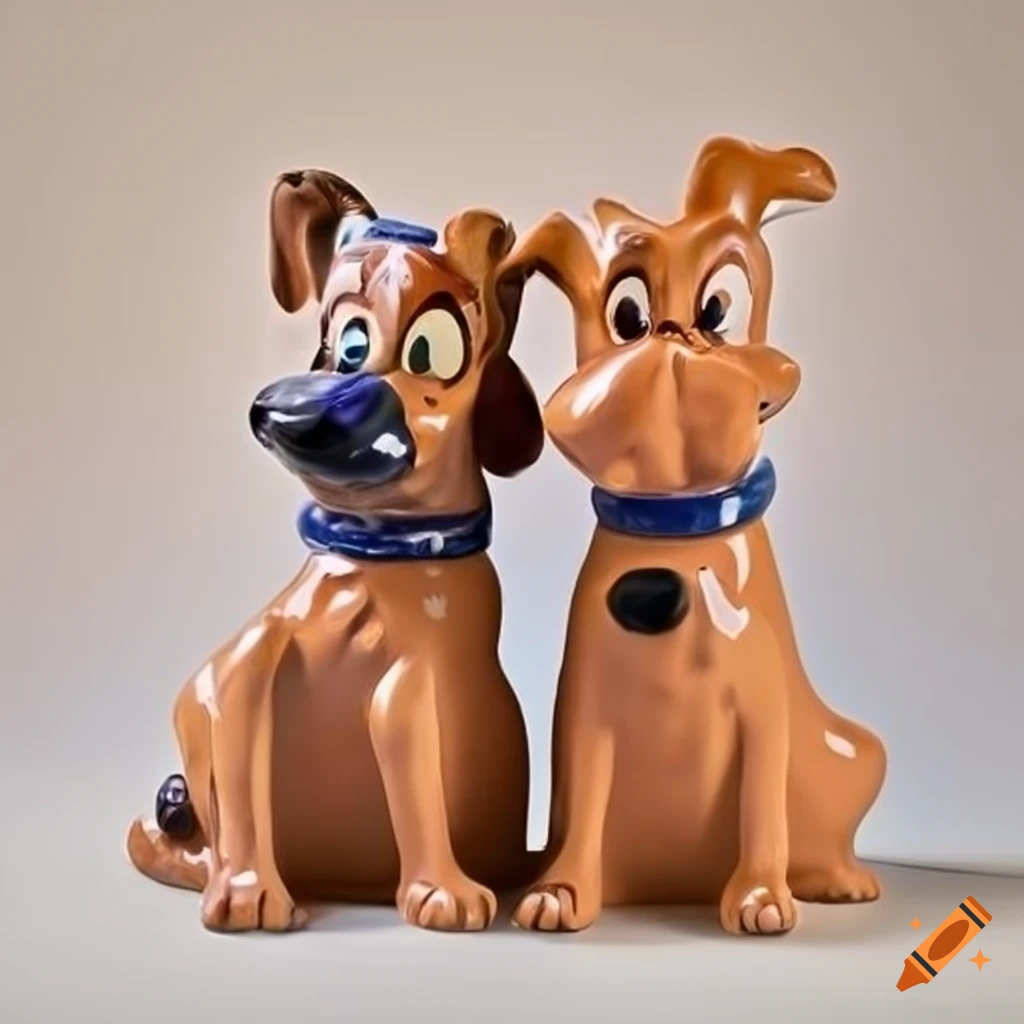 Ceramic dogs playing with a stick in looney tunes style on Craiyon