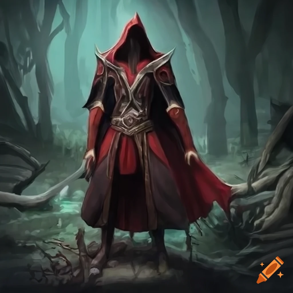 Artwork of a battle-worn elf mage with a red and black assassin's hood ...