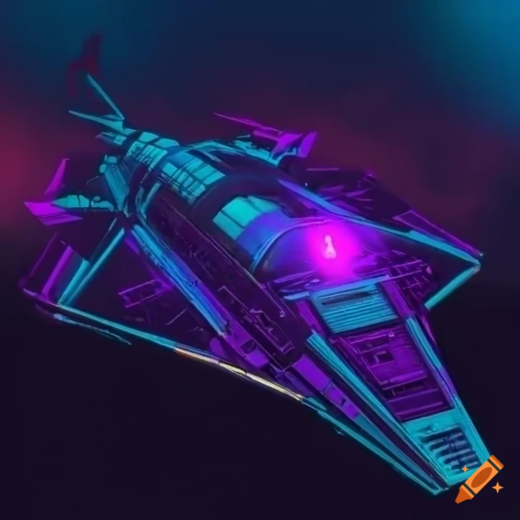 Realistic 1980s synthwave spaceship