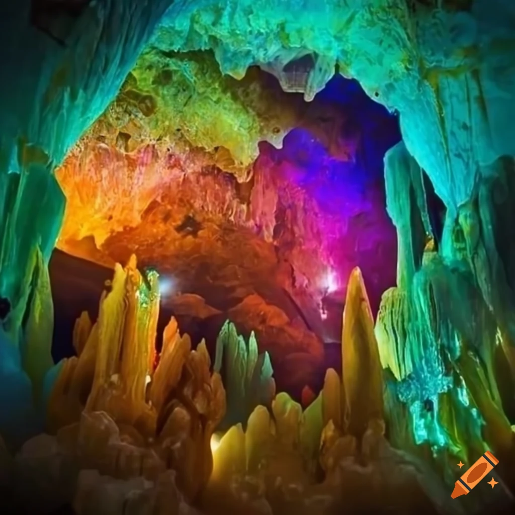 Wide cave with multicolored crystal deposits on Craiyon