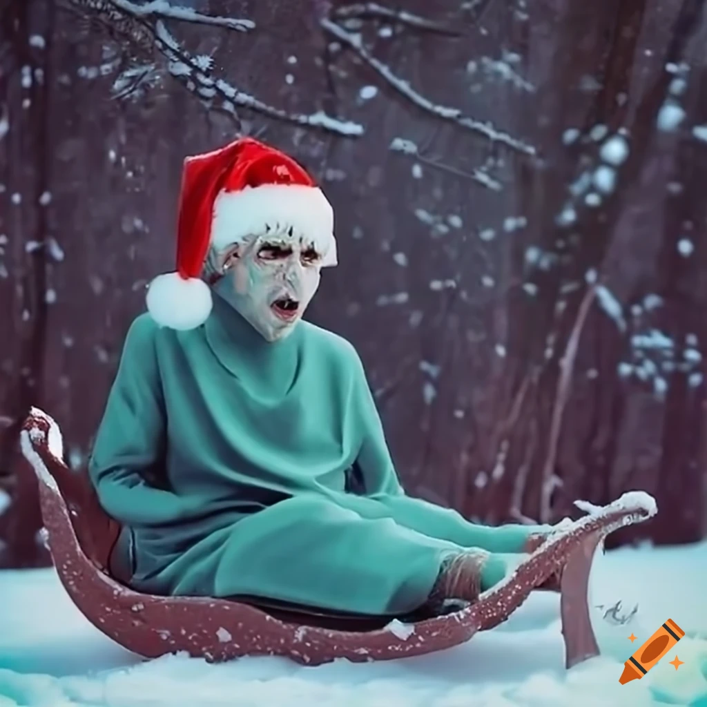 Voldemort in santa's hat in a snowy sleigh on Craiyon