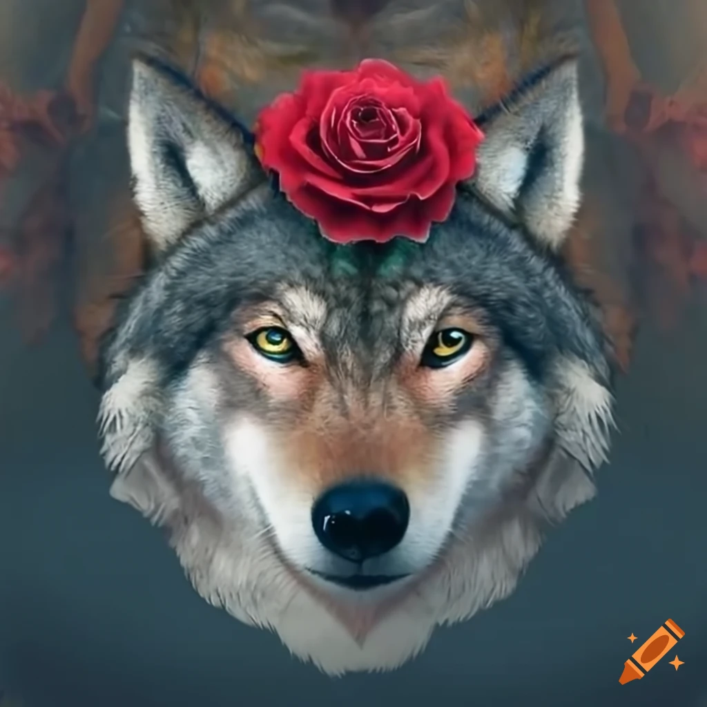 Realistic wolf with a crown of red roses on Craiyon