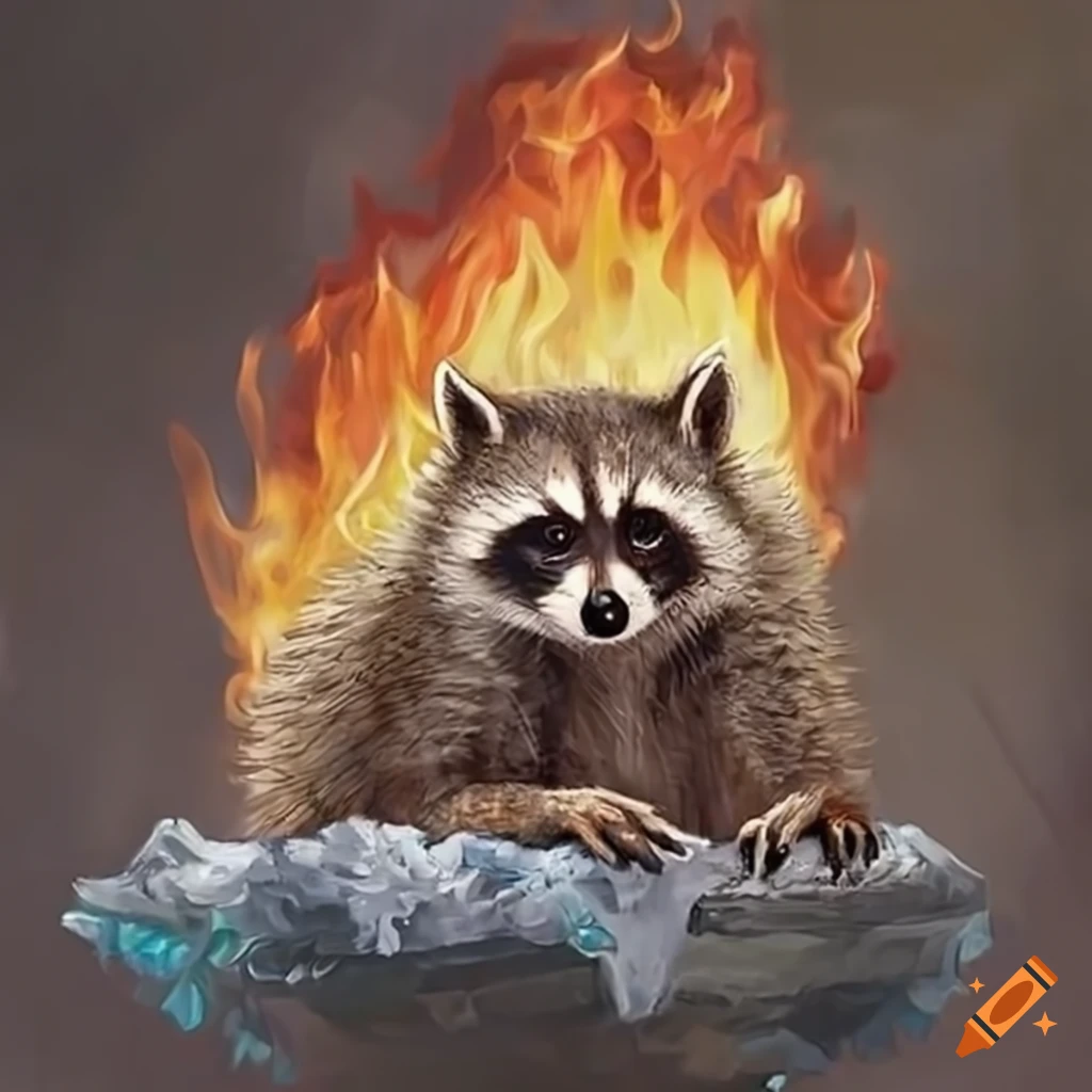 Painting of a raccoon controlling fire and ice