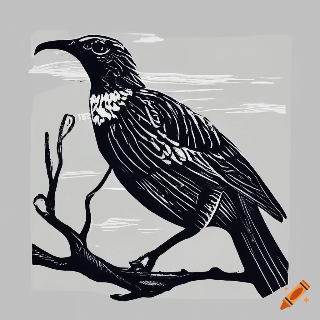 Black and white linocut of a tui bird on Craiyon