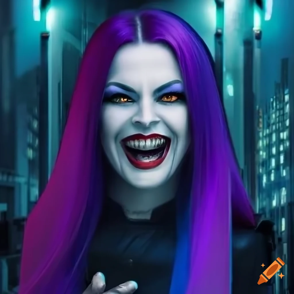 Photo of a stunning laughing vampire woman with purple hair on Craiyon