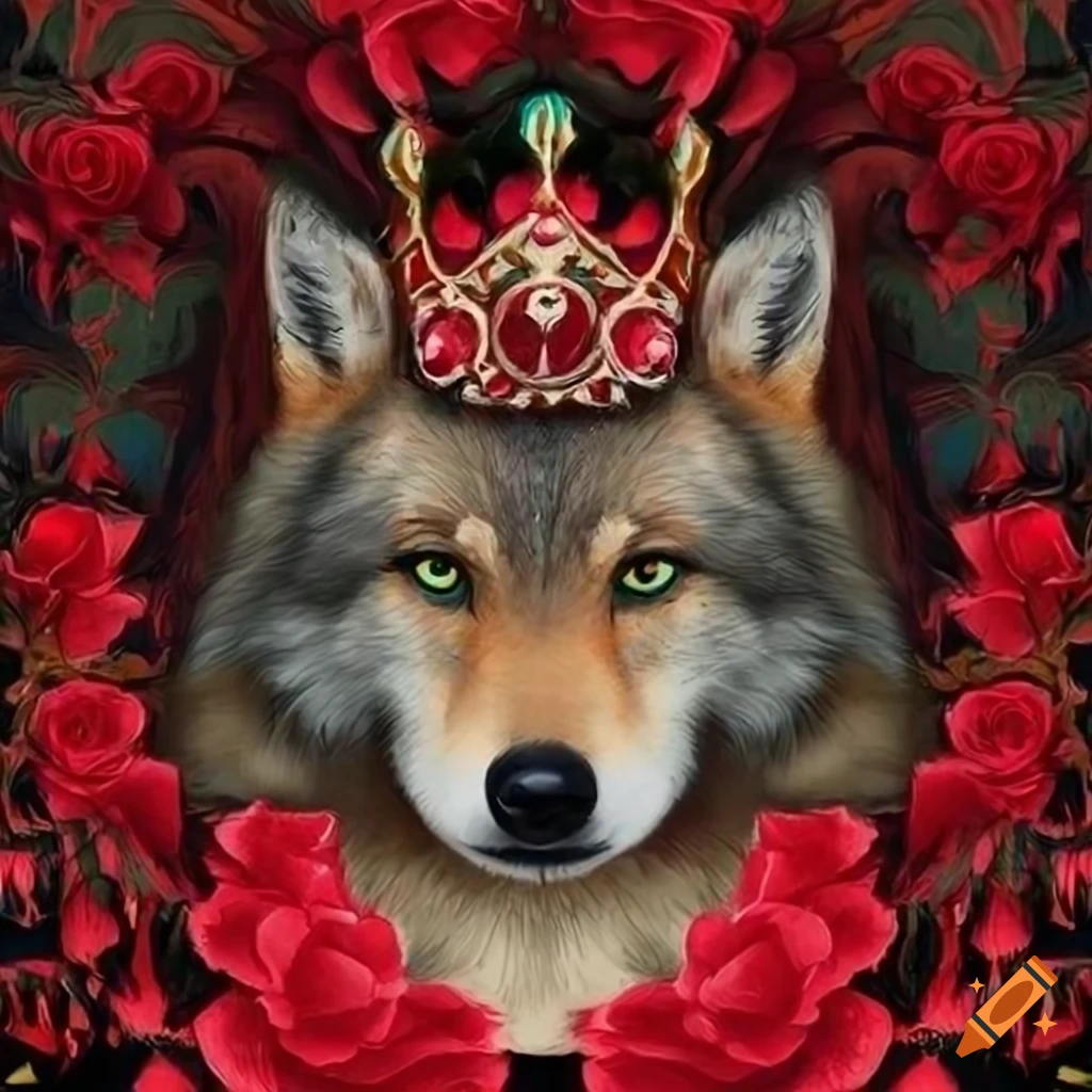 Art deco poster of a crowned wolf with red roses