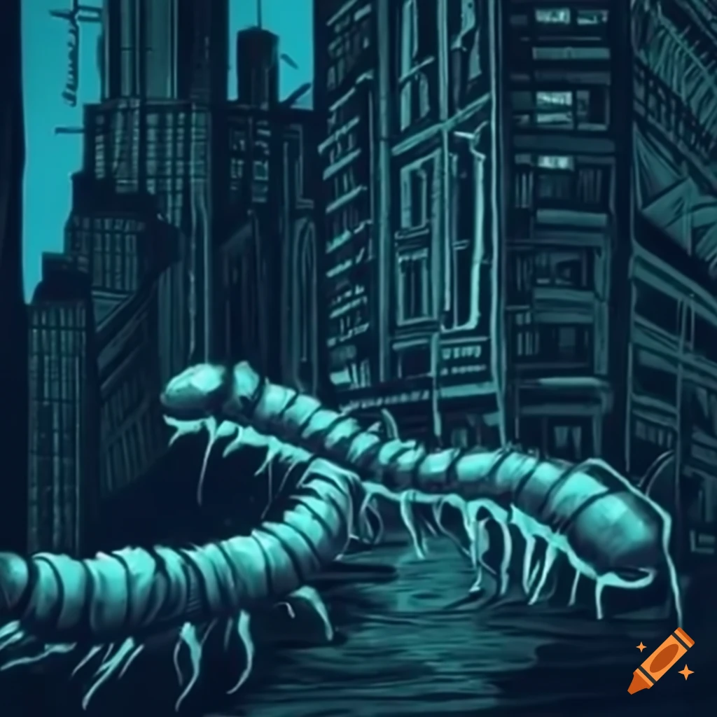 Aerial view of a giant centipede in new york city on Craiyon