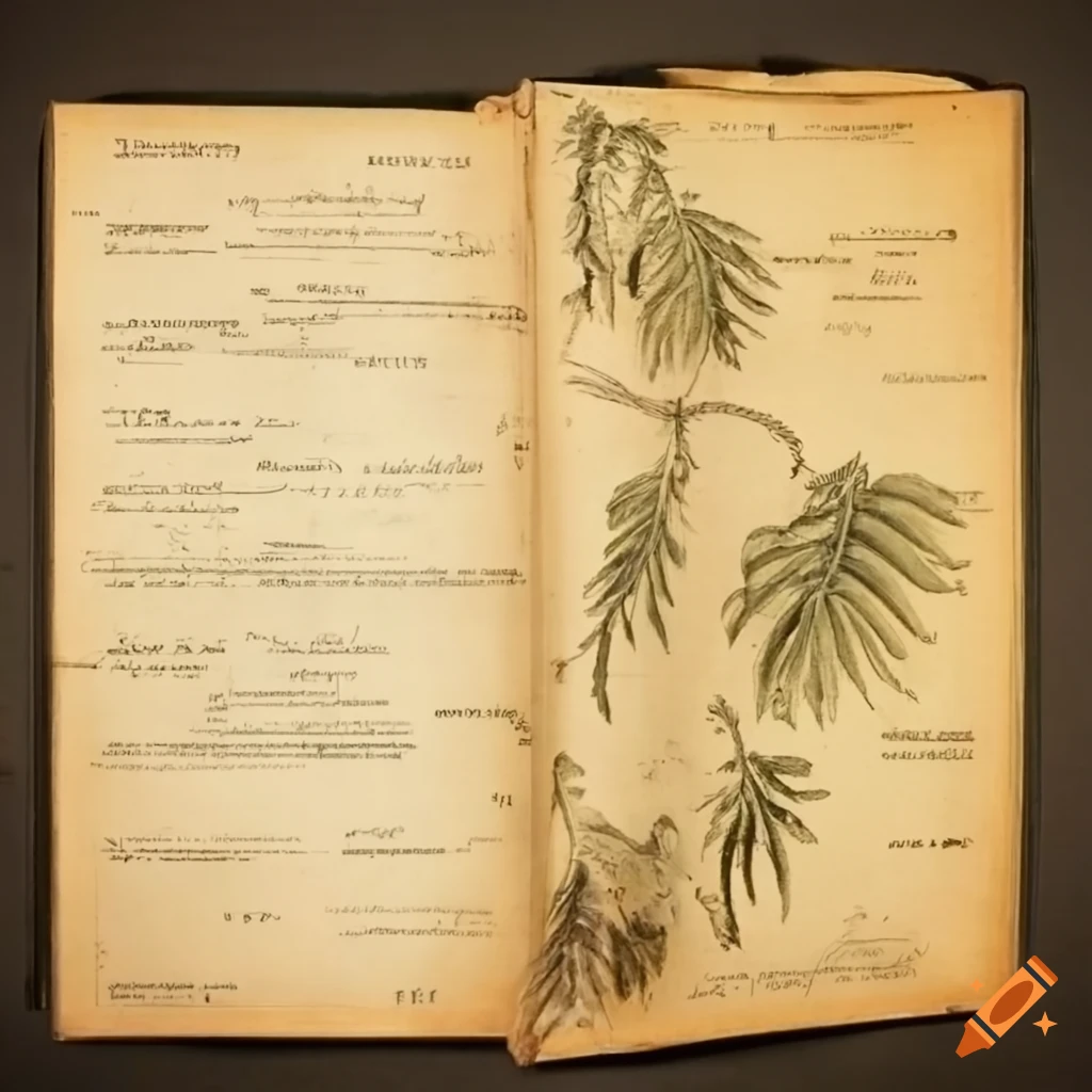 Antique notepad pages of exotic plant categorization