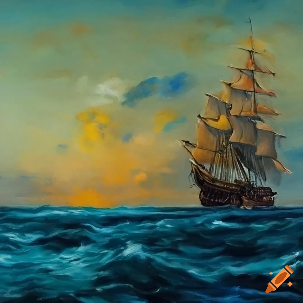 Oil painting of a ship on the sea