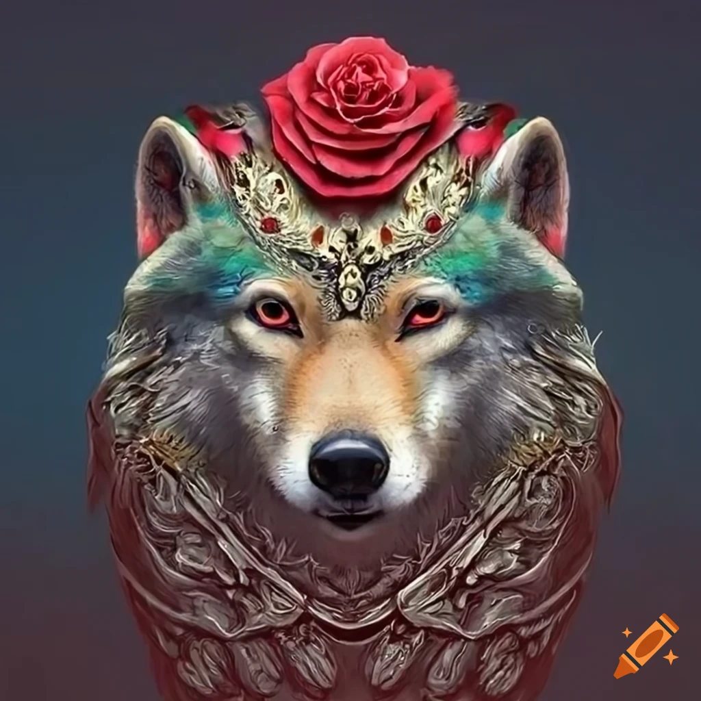 Art deco illustration of a crowned wolf with roses on Craiyon