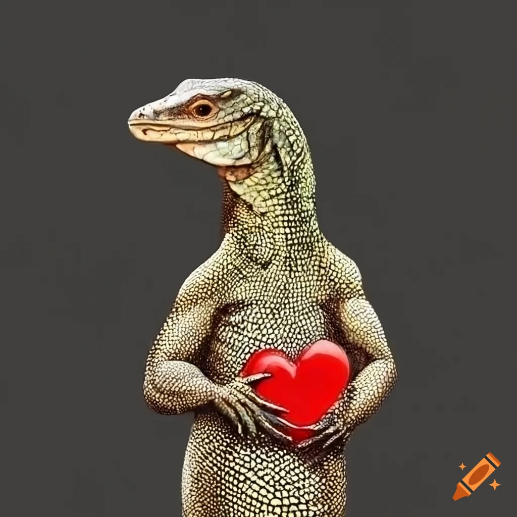 Artistic depiction of a monitor lizard holding a heart on Craiyon
