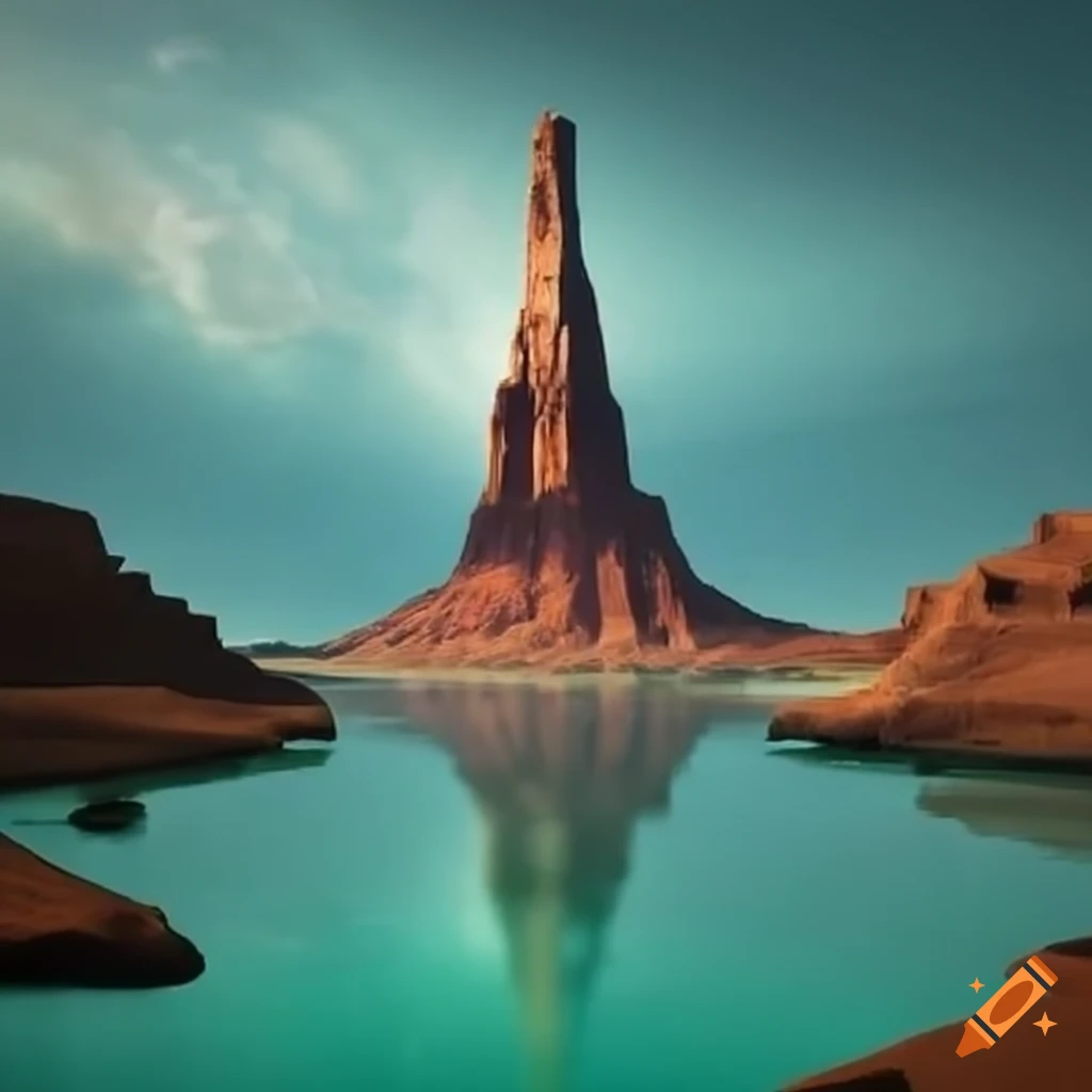 Mesa tower overlooking a turquoise pond on Craiyon