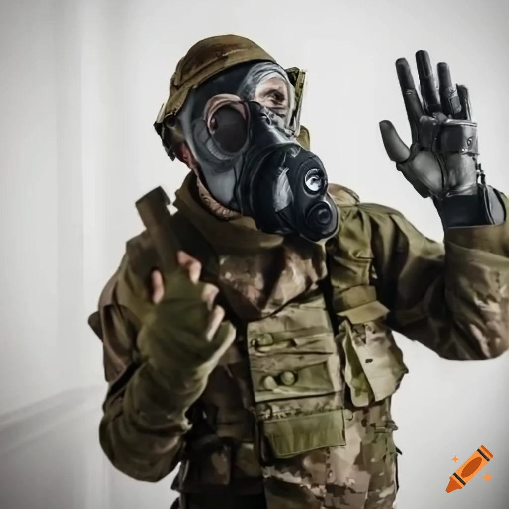 Man in military equipment with gasmask waving in white hall on Craiyon