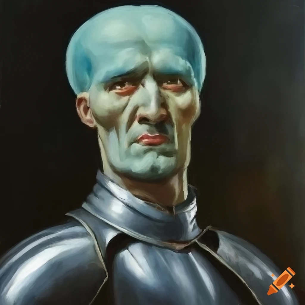 Painting of squidward as a knight in armor