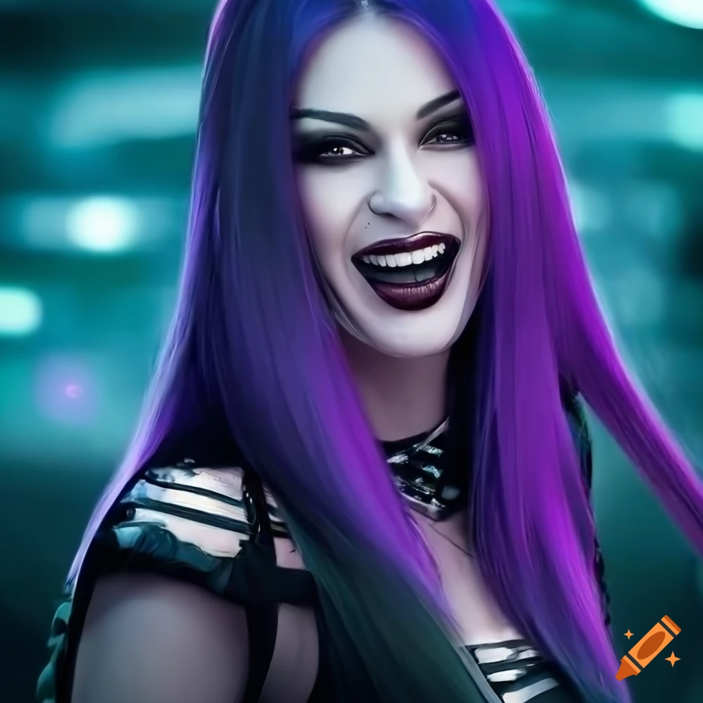Photo of a stunning vampire woman with long purple hair on Craiyon