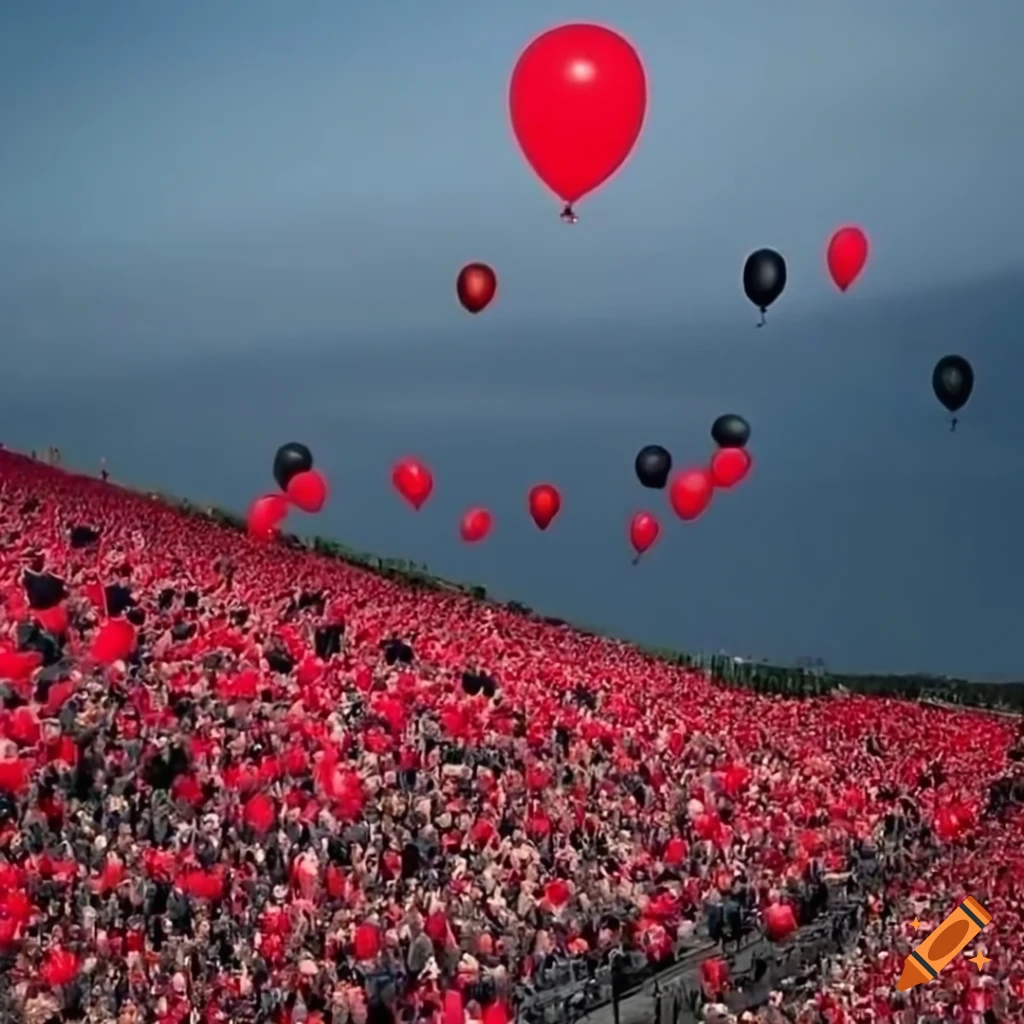 Football fans releasing red and black balloons in the stadium on Craiyon
