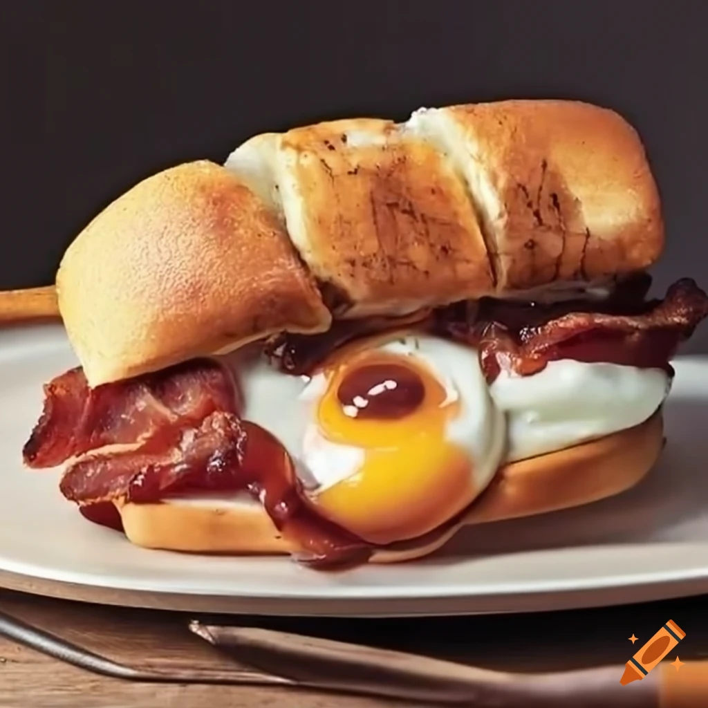 Scrumptious breakfast croissant with egg, bacon, and melted cheese on ...