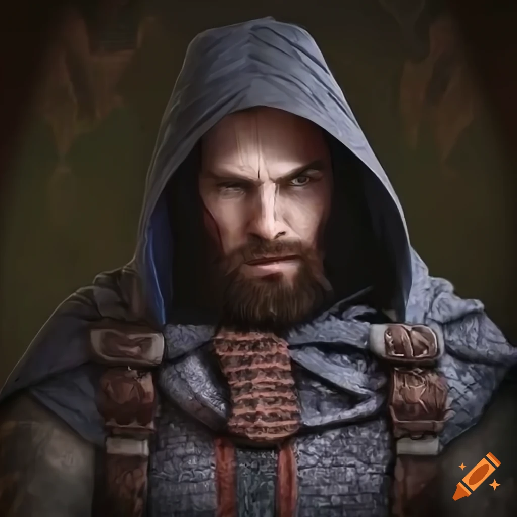 Illustration of a hooded male rogue in baldur's gate style on Craiyon