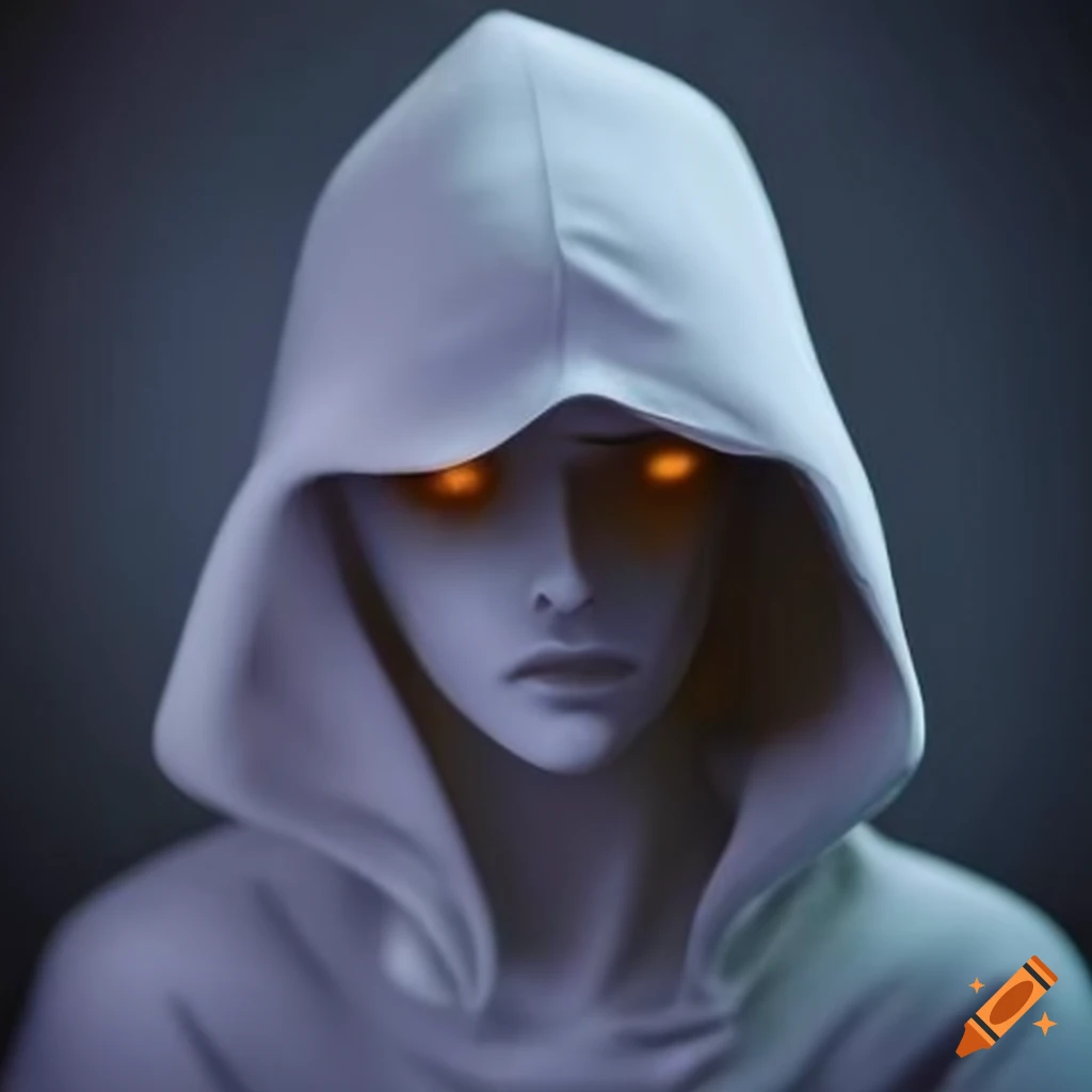 Artwork of a white hooded figure with glowing yellow eyes on Craiyon