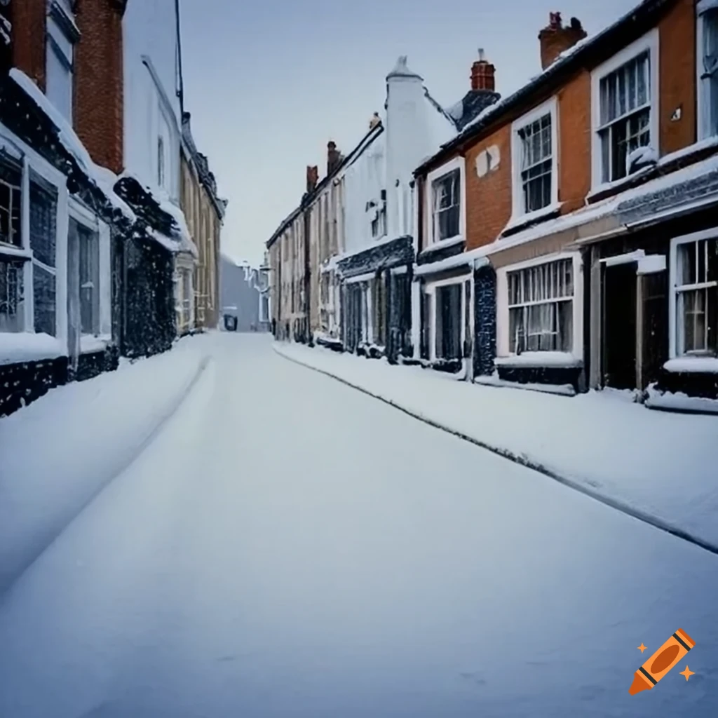Snow-covered street in England on Craiyon