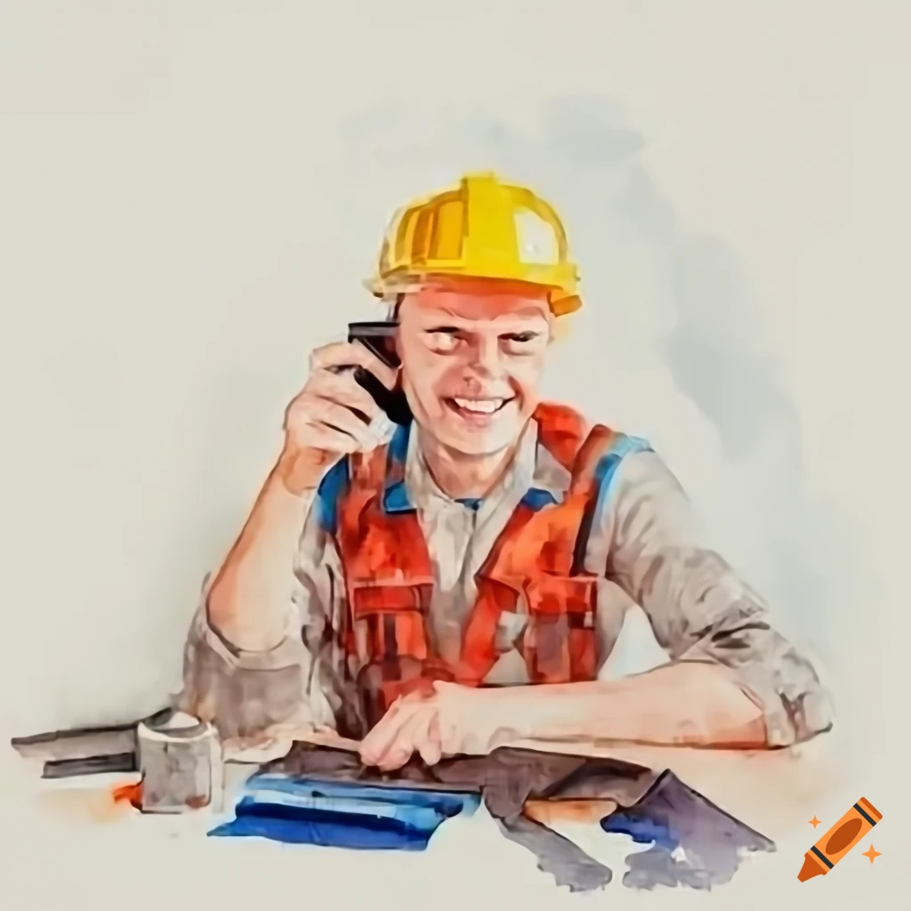 Smiling builder in uniform holding phone at desk on Craiyon