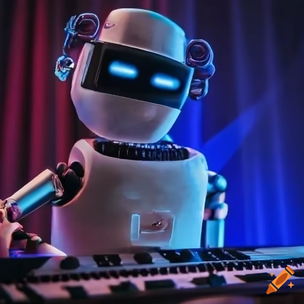 Colorful stage performance of a dancing robot playing synth keyboard