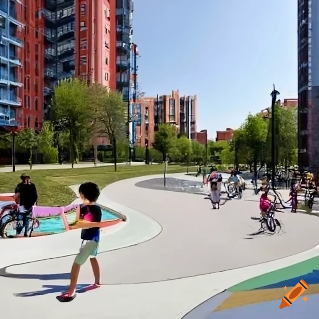 Vibrant and inviting public space with curve-shaped pathways on Craiyon