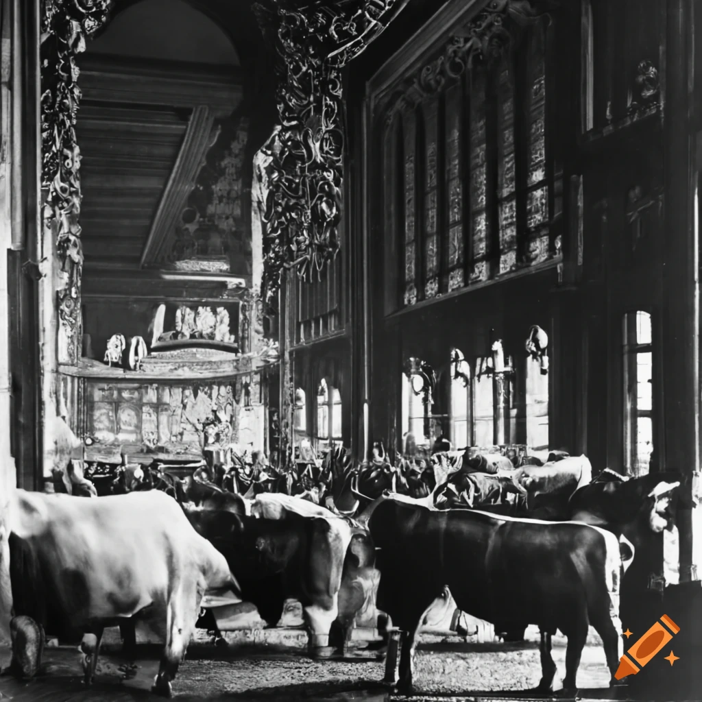 Black and white photo of cows in a 1900s cattle palace on Craiyon