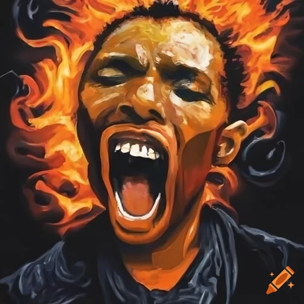 Portrait of a black rapper surrounded by flames in van gogh style on ...