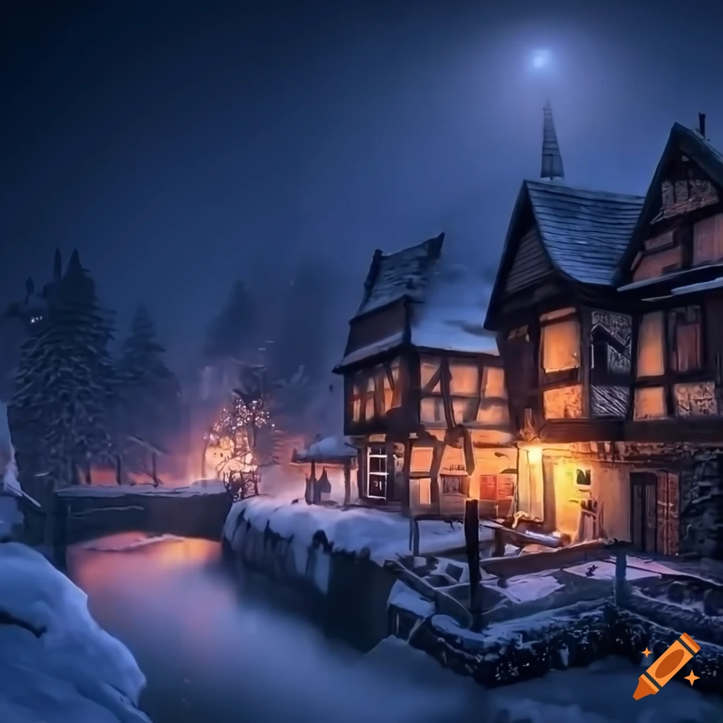 Frozen medieval village near a lake on Craiyon