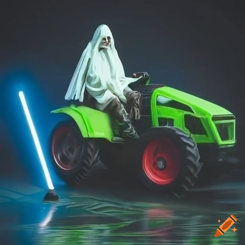Jedi knight driving a tractor towing millennium falcon on Craiyon