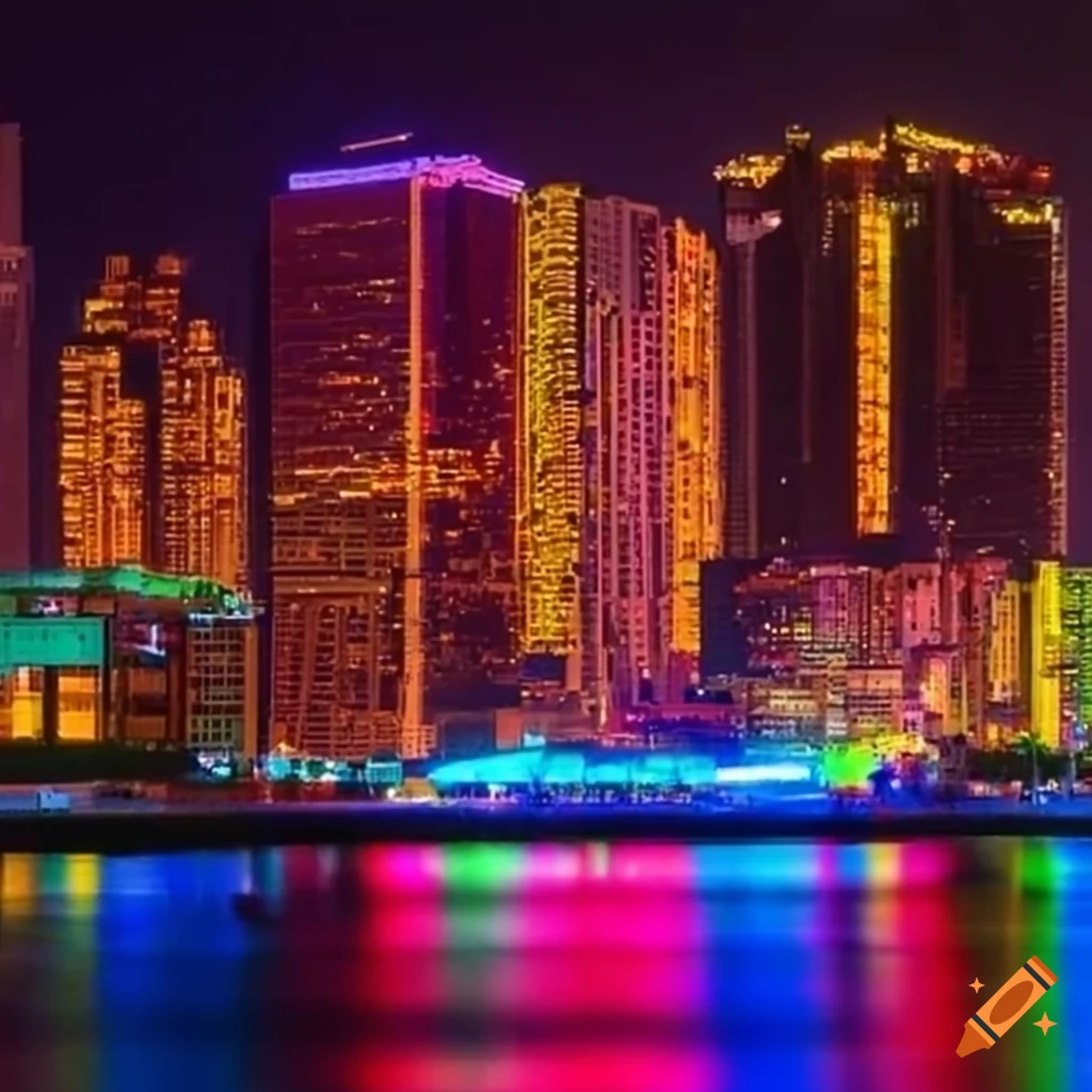 Vibrant neon cityscape from a boat view on Craiyon