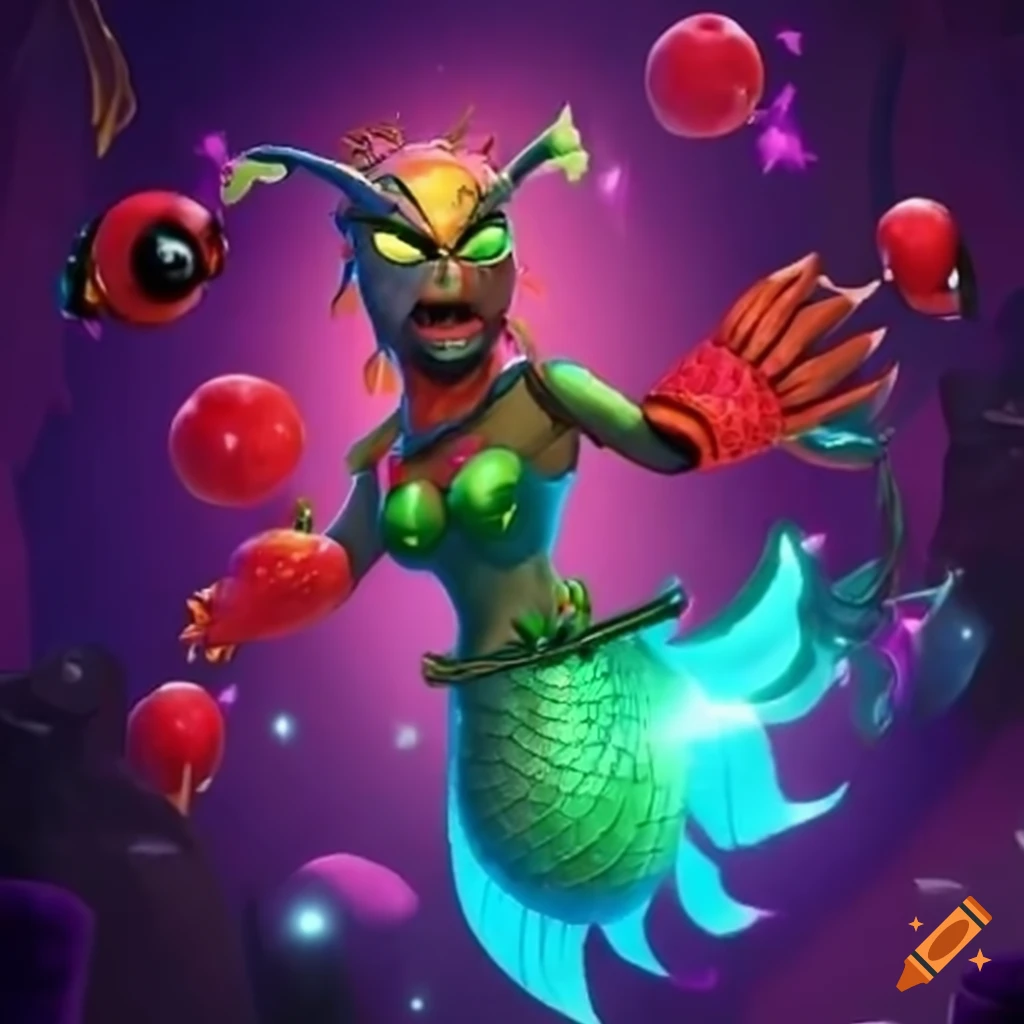 Screenshot of a fruit ninja space game with a mermaid boss on Craiyon