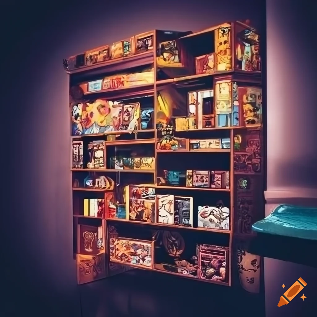 Comic style shelf with many board games on Craiyon
