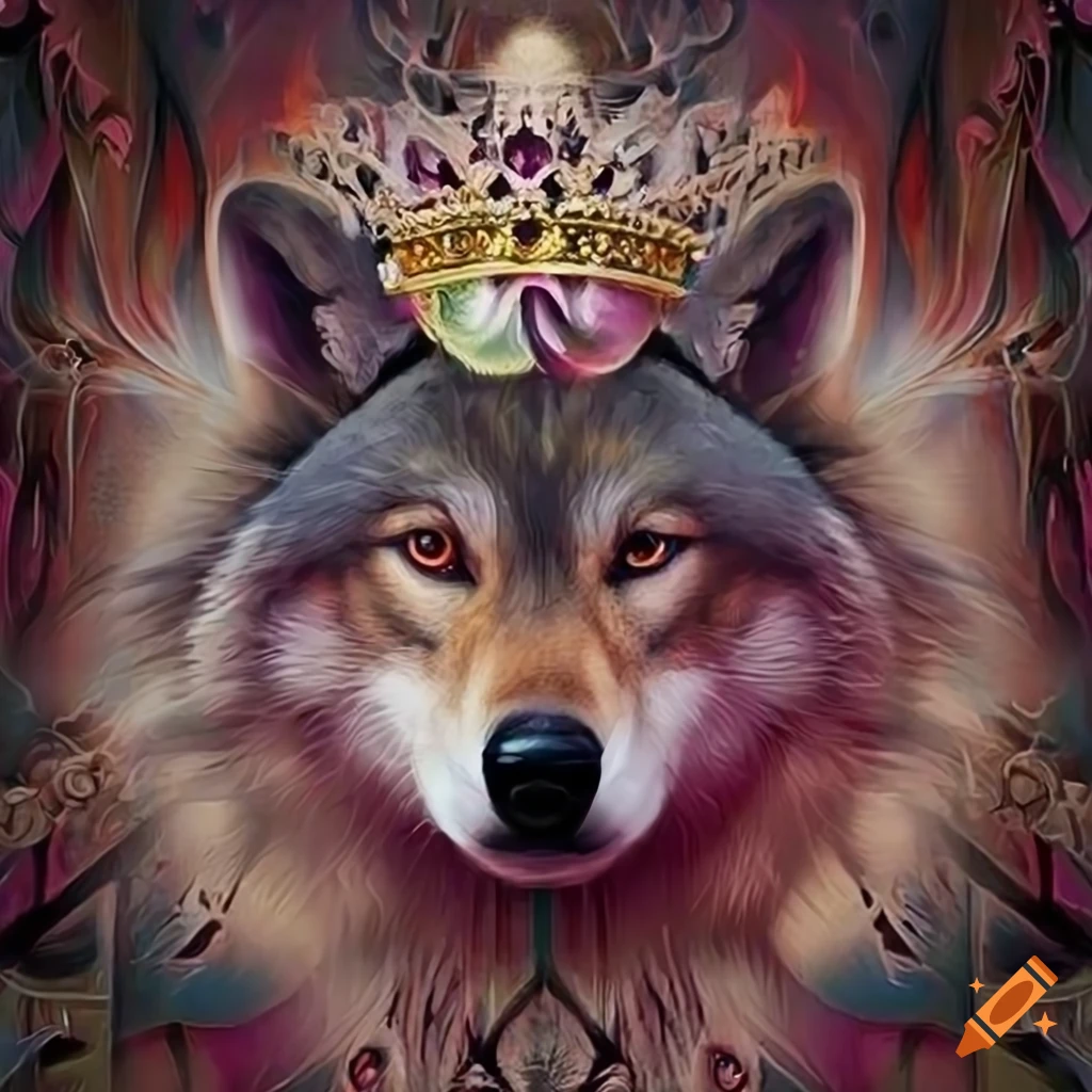 Art deco poster of a crowned wolf with red roses on Craiyon