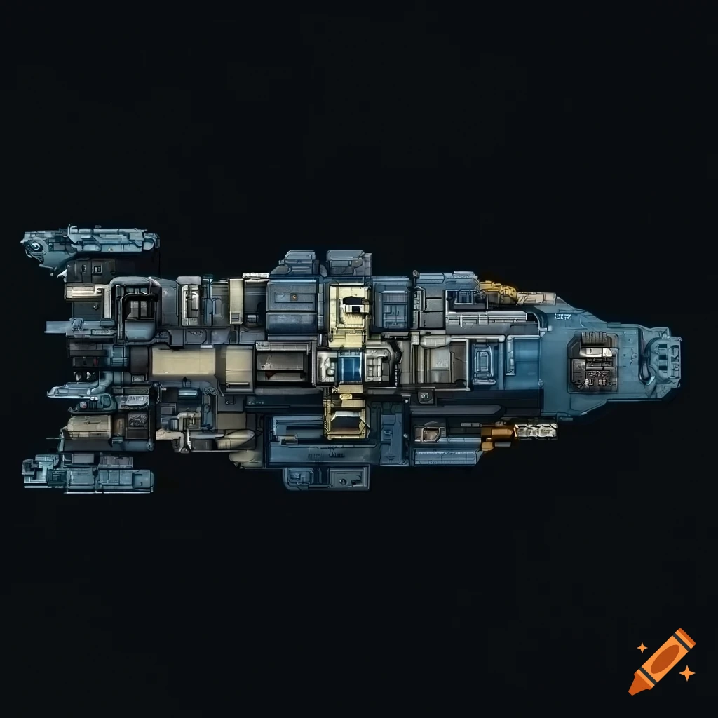 Top-down view space ship in a dark sci-fi setting on Craiyon