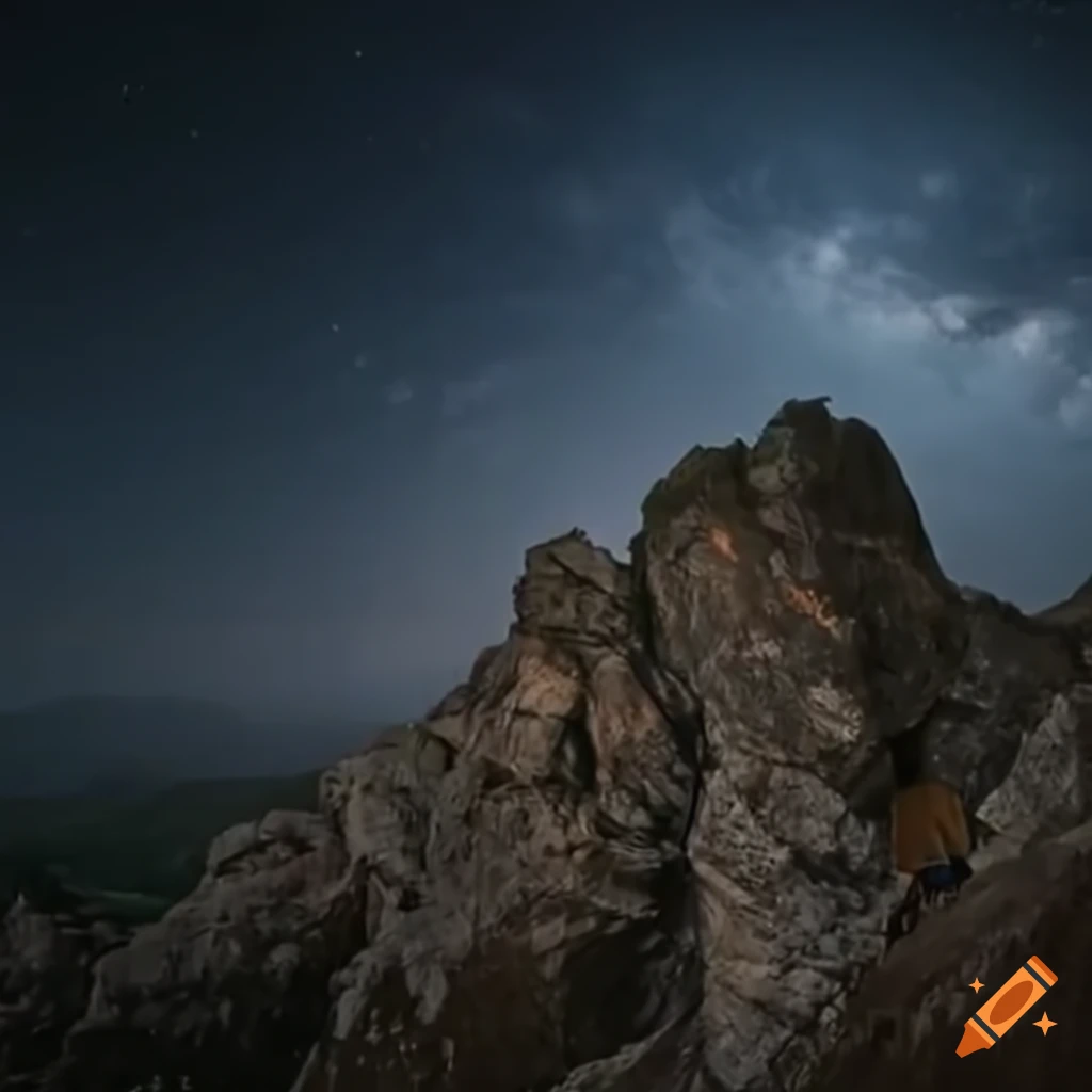 Person sliding a rock on a mountain silhouette