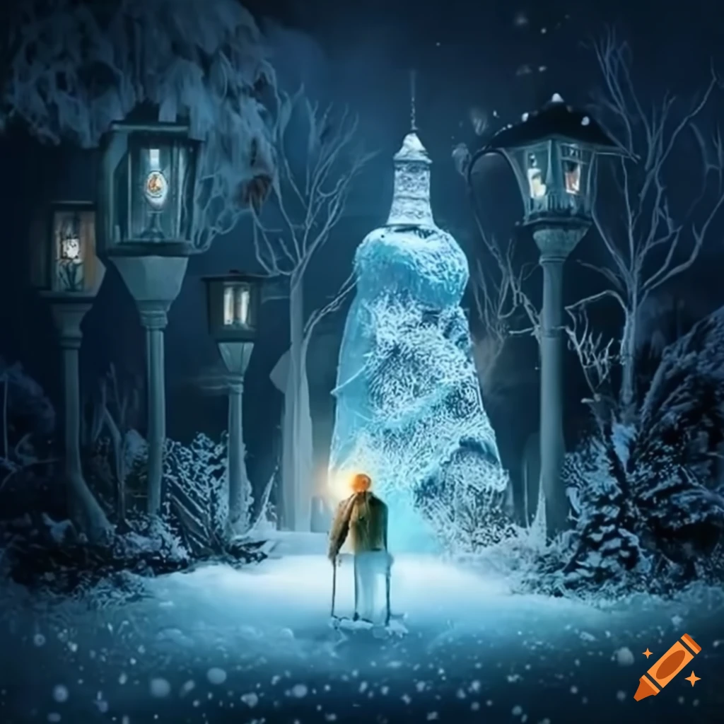 Surreal snow scene with sparkling lights and fantastical creatures on ...