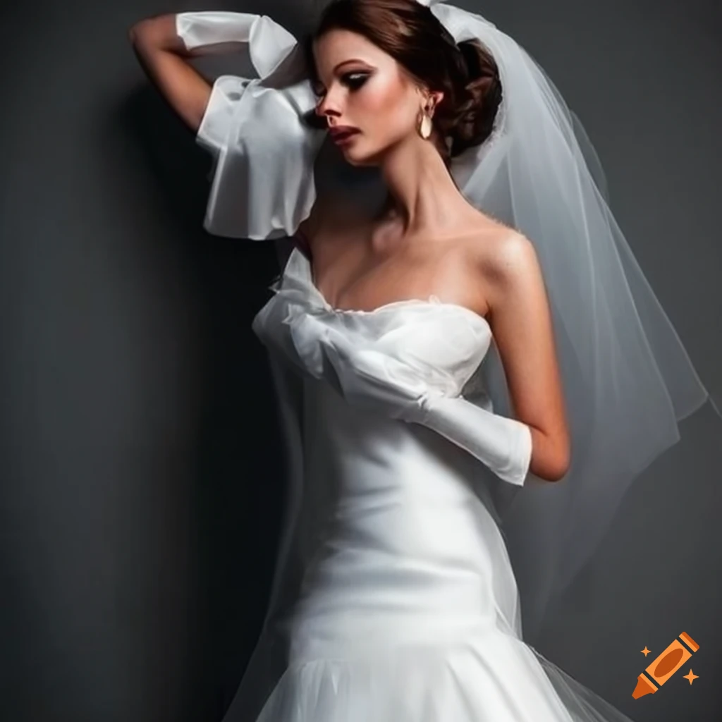 Beautiful bride in a white silk gown and long gloves on Craiyon