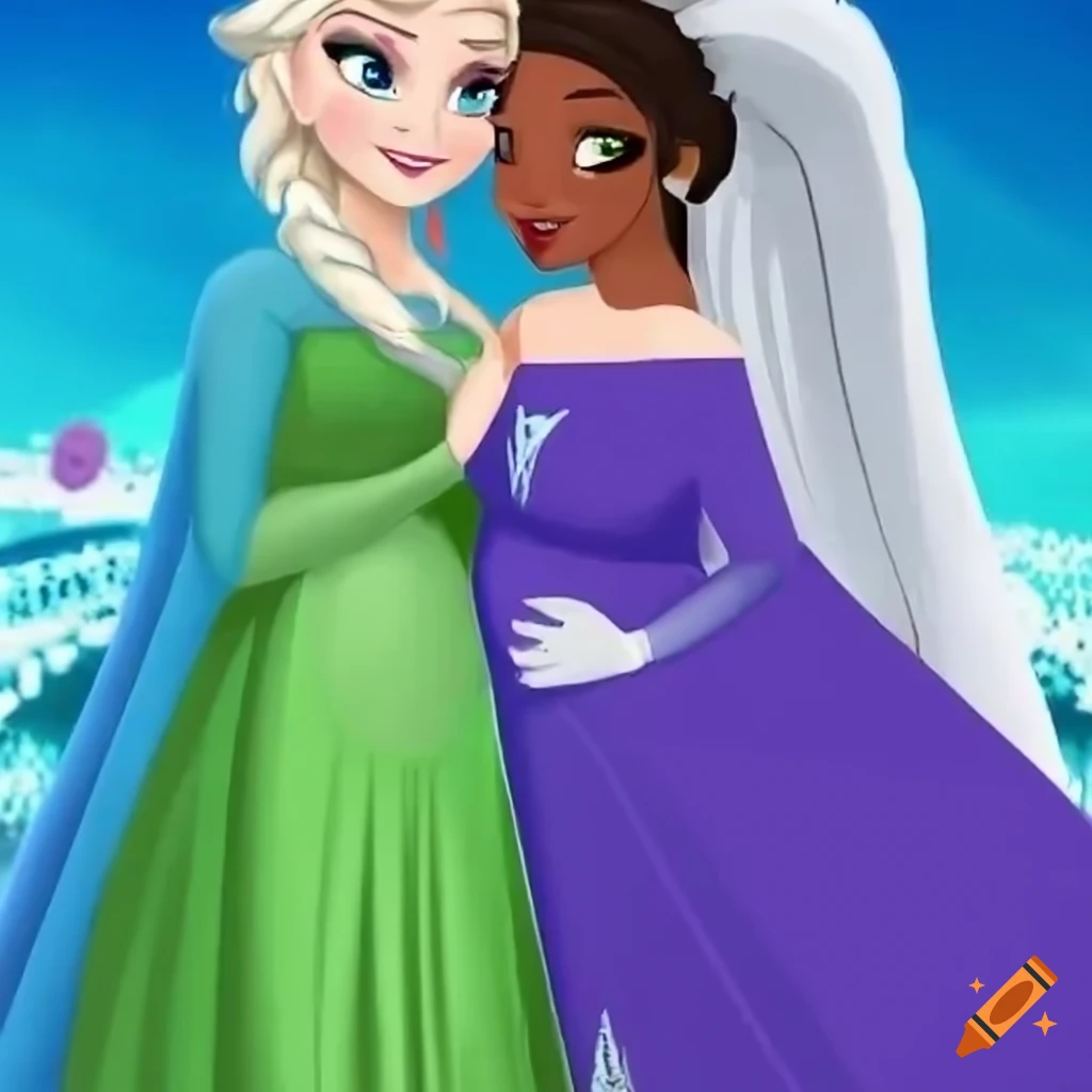 Digital art of queen elsa and pregnant tiana embracing on Craiyon