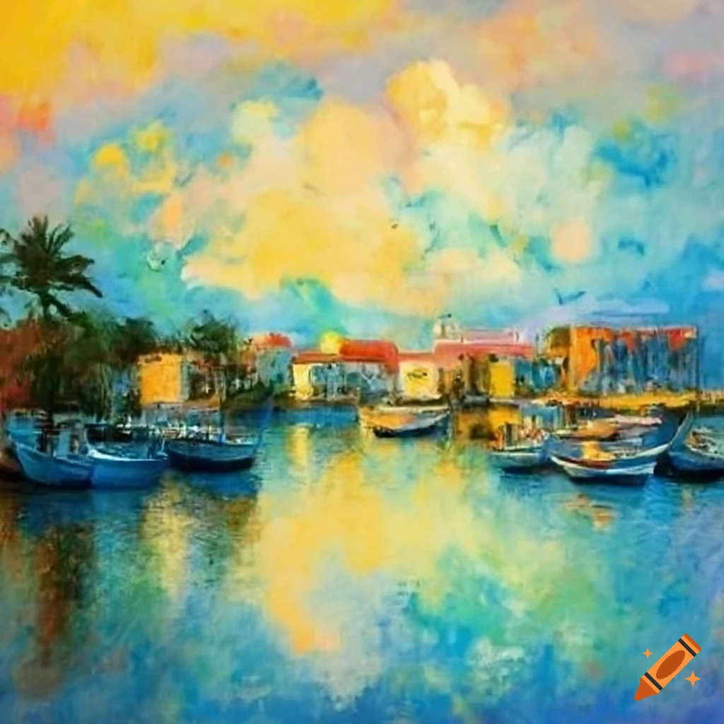 Impressionist painting of a waterfront town with boats and reflections ...